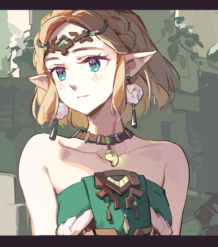 Safebooru - 1girl bare shoulders blonde hair braid circlet crown braid dress earrings ...