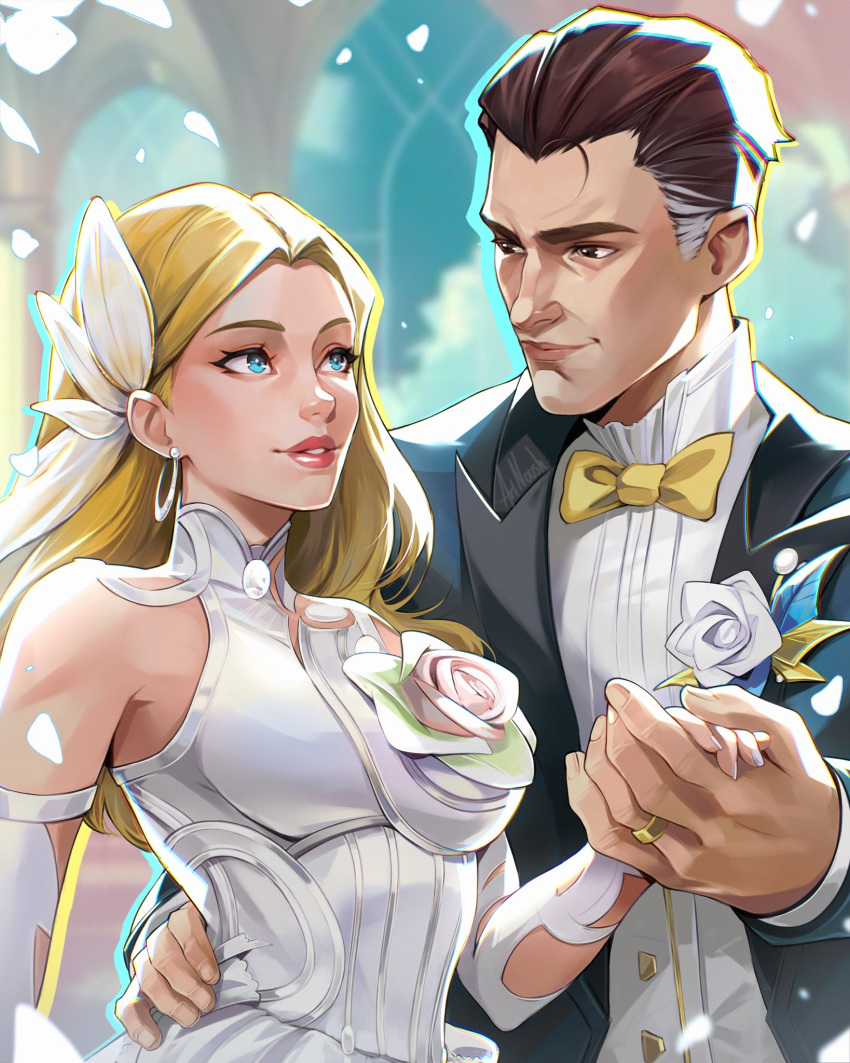 Safebooru - 1boy 1girl bare shoulders blonde hair blue eyes breasts dress earrings fantastic ...