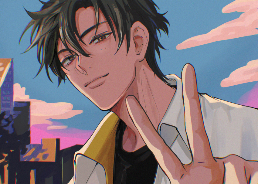 Safebooru - 1boy black hair black shirt blue sky brown eyes cheng xiaoshi cityscape closed mouth ...