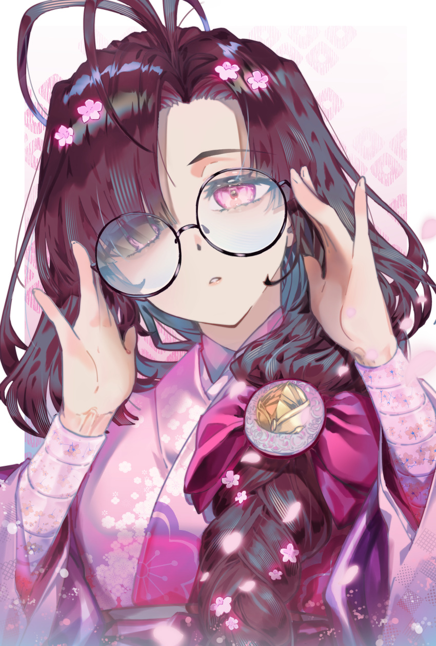 Safebooru - 1girl absurdres adjusting eyewear ahoge braid brown hair ...