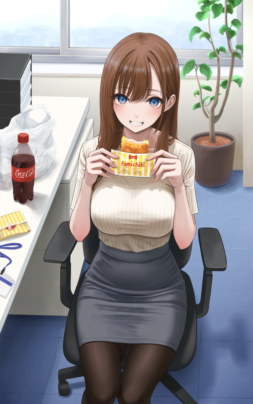 Safebooru - absurdres akiyama akane blue eyes blush breasts brown hair chair coca-cola ...