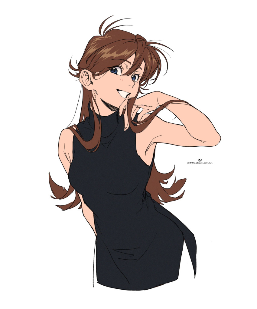 Safebooru - 1girl 55oshimechan adjusting hair bare shoulders black dress blue eyes brown hair ...