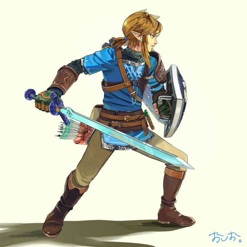 Safebooru - 1boy arrow (projectile) blonde hair blue shirt boots brown ...