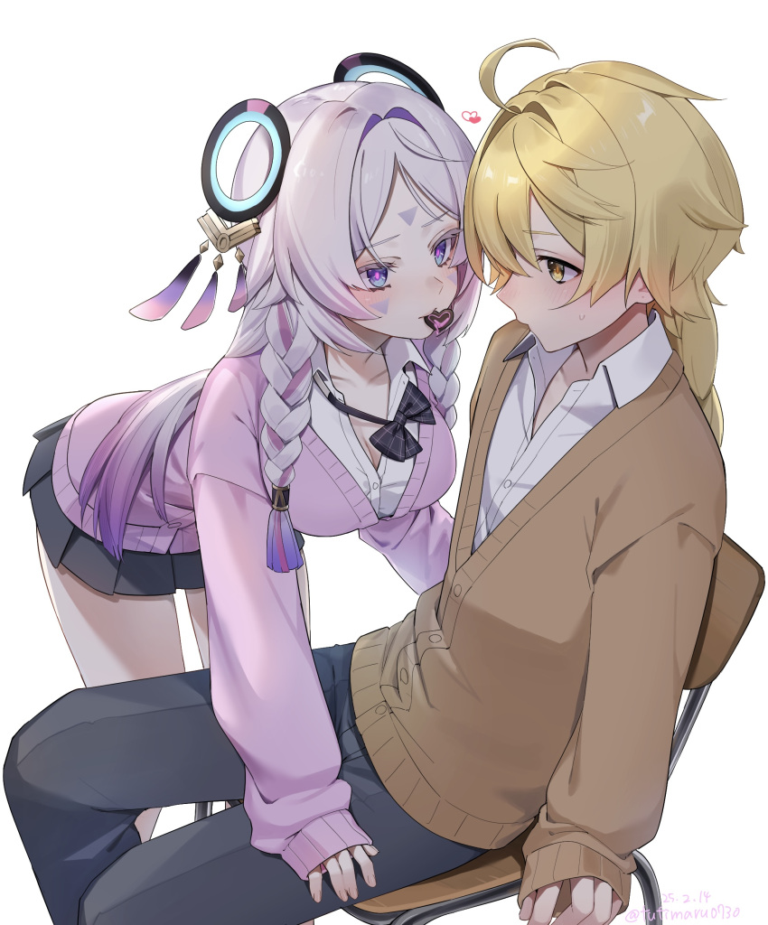 Safebooru - 1boy 1girl absurdres aether (genshin impact) ahoge black pants black ribbon black ...