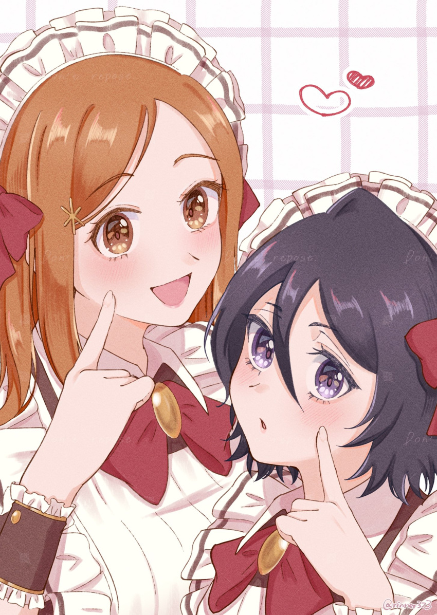 Safebooru - 2girls apron black hair bleach blue eyes blush bow brown eyes brown hair cheek ...