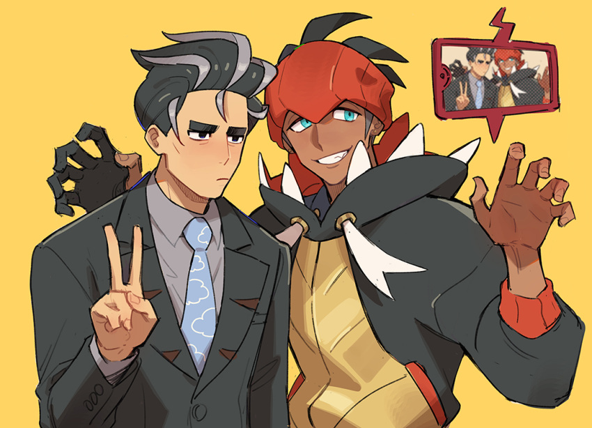 Safebooru - 2boys black eyes black hair black jacket black suit blue eyes blue necktie cellphone ...