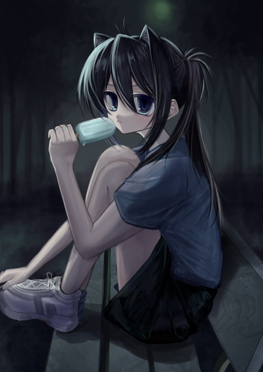 Safebooru - 1girl alternate costume bench black hair black skirt blue eyes blue shirt closed ...