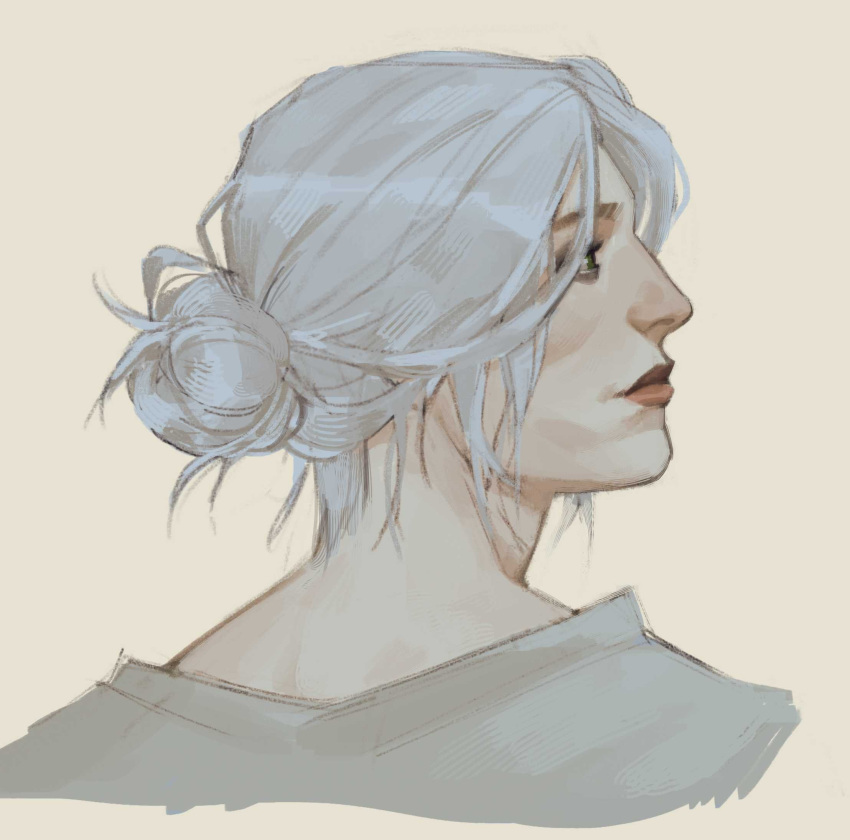 Safebooru - 1girl ciri from side green eyes hair bun highres nimvaell ...