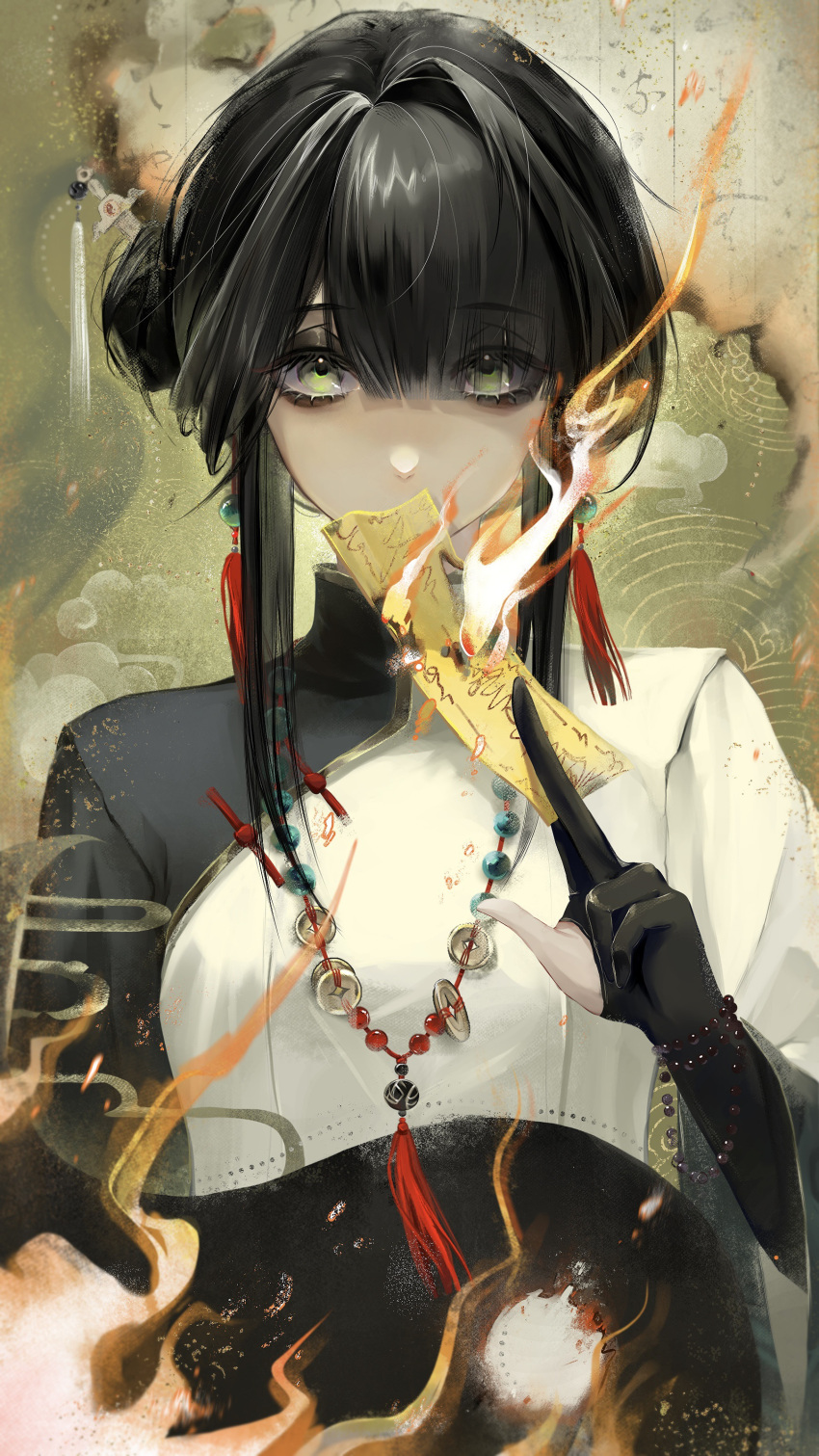 Safebooru - 1girl absurdres bead bracelet bead necklace beads black dress black eyeshadow black ...