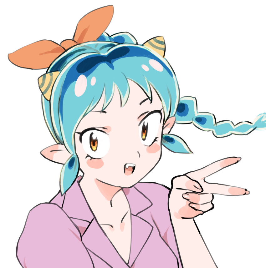 Safebooru - 1girl :d blue hair braid collarbone cone horns fangs ...