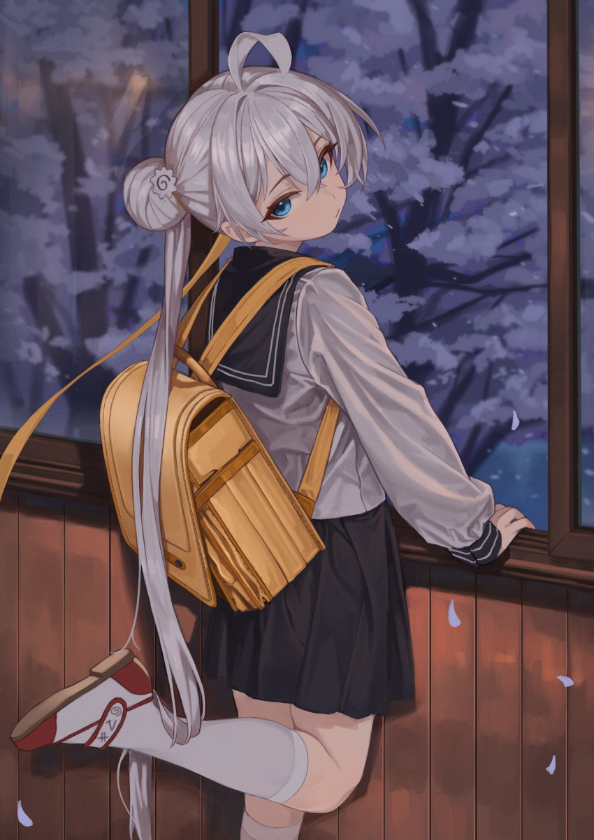 Safebooru - 1girl ahoge back backpack bag black skirt blue eyes hair bun highres indoors looking ...