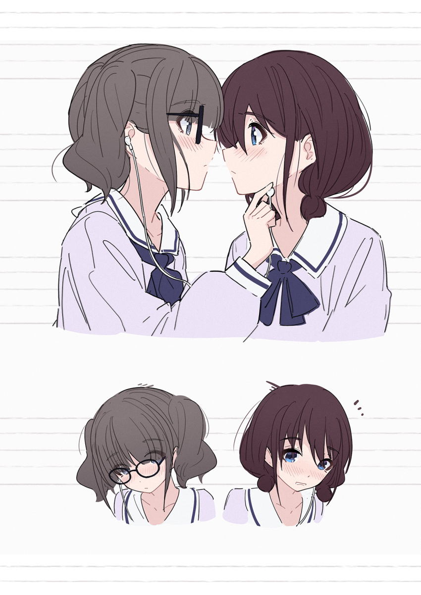 Safebooru - 2girls blue eyes blue shirt blush brown hair chinese commentary commentary request ...
