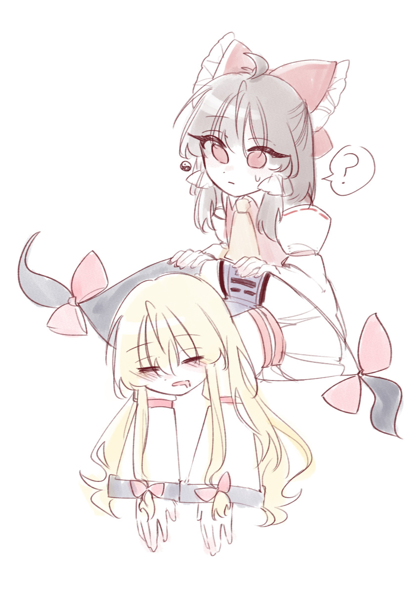 Safebooru - 2girls ? absurdres blonde hair blush bow brown hair detached sleeves dress gap ...