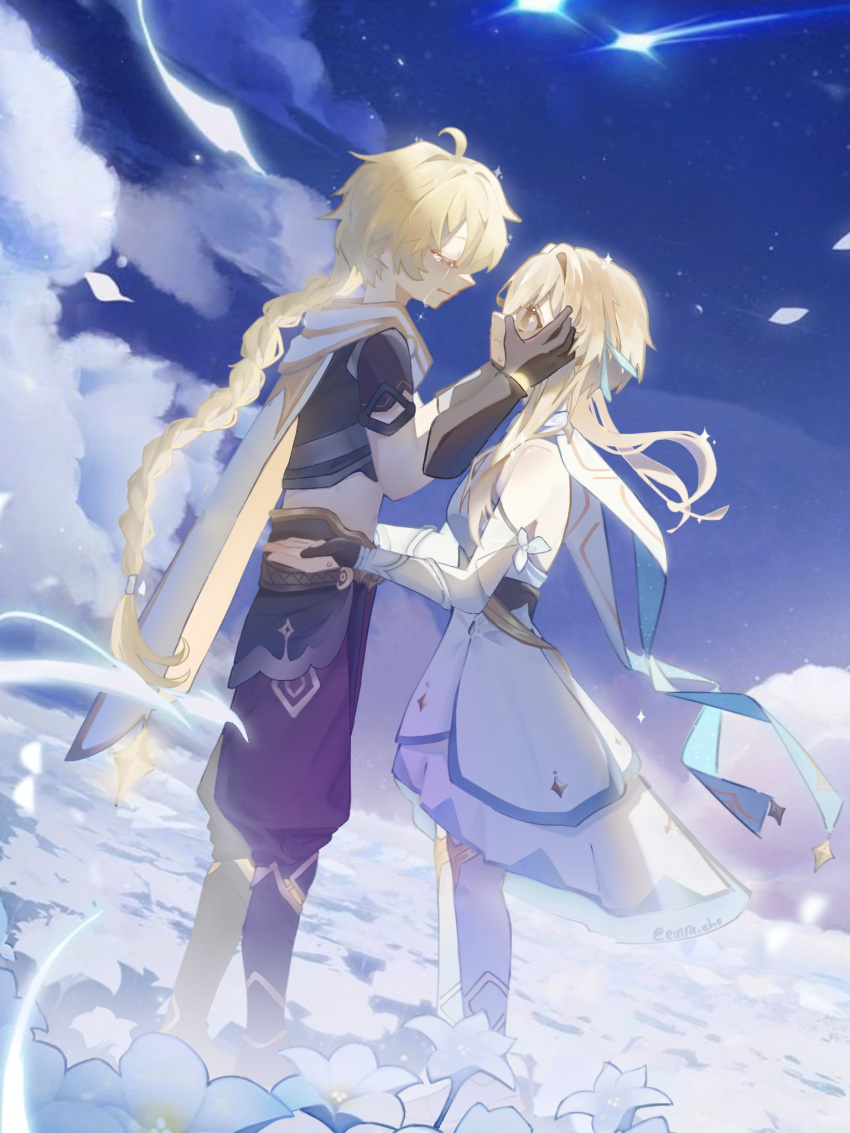 Safebooru - 1boy 1girl aether (genshin impact) ahoge black gloves blonde hair braid closed eyes ...