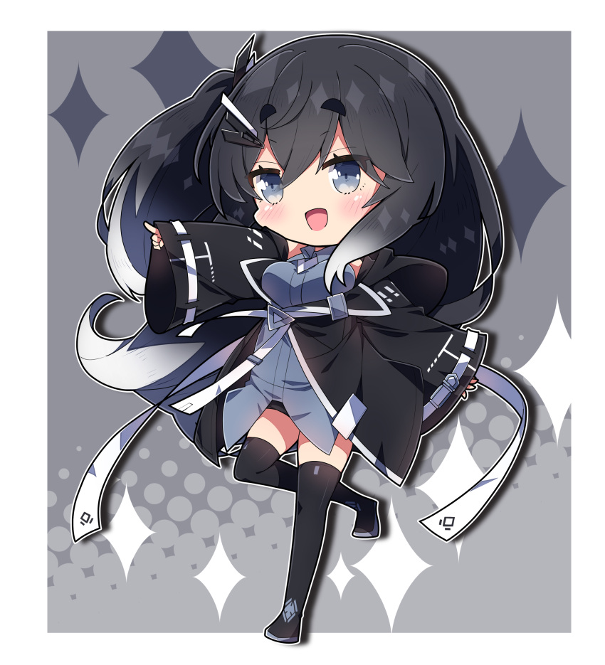 Safebooru - 1girl :d absurdres black boots black hair black jacket black shorts blue shirt blush ...