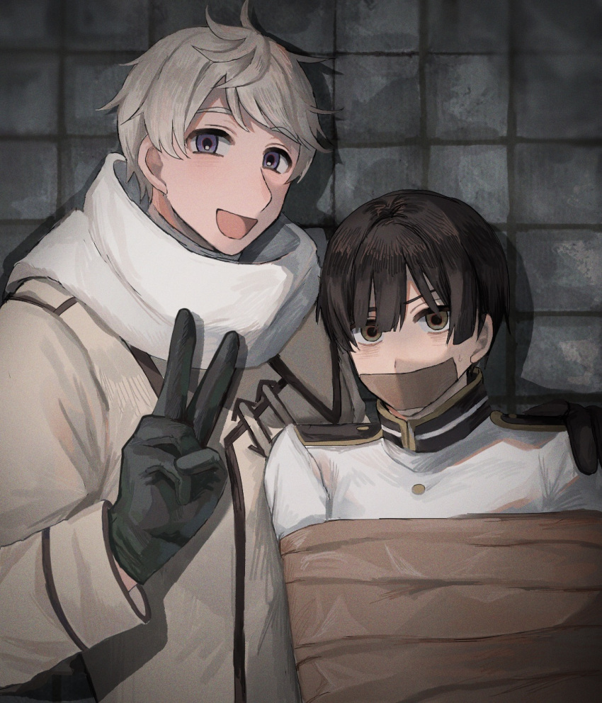 Safebooru - 2boys axis powers hetalia black gloves black hair bound brown eyes buttons coat ...