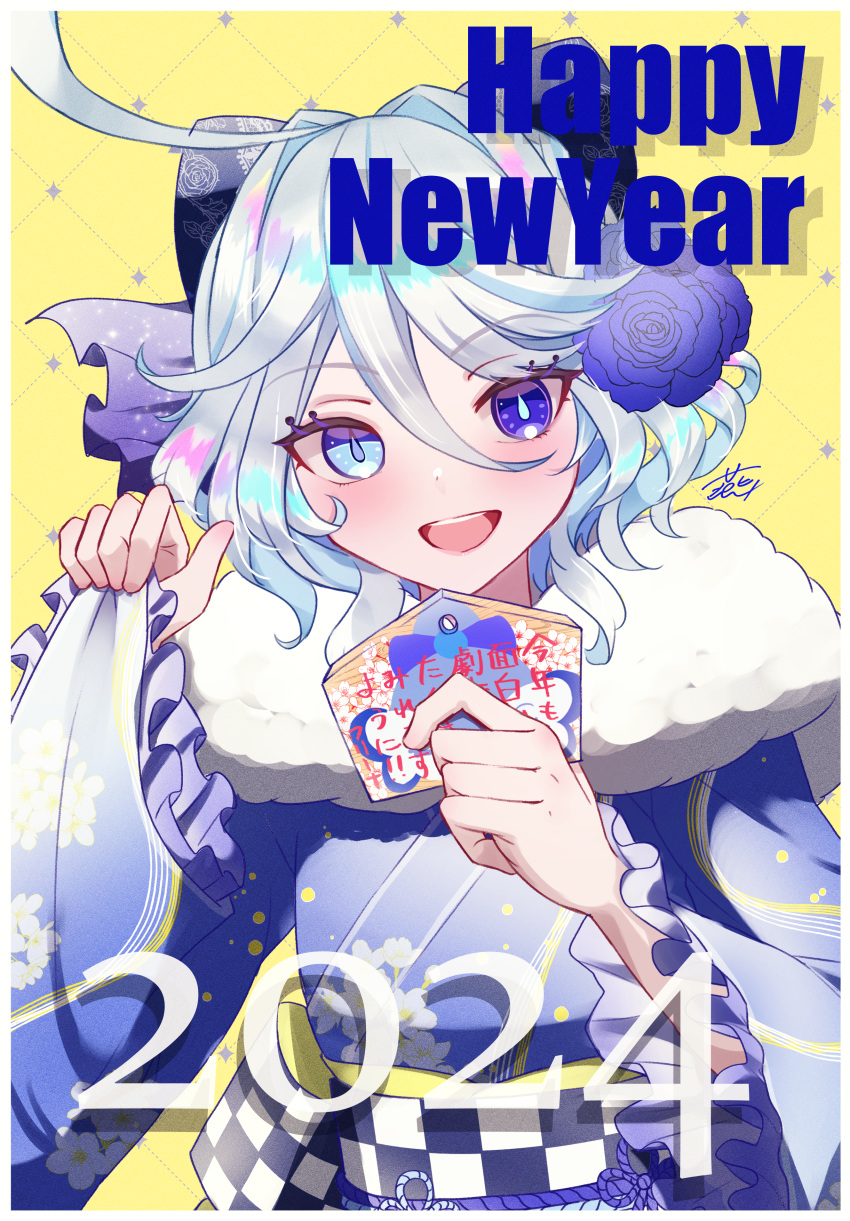 Safebooru - 1girl absurdres ahoge alternate costume blue eyes blue hair blue kimono blush ema ...