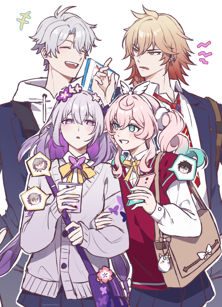 Safebooru - 2boys 2girls alternate costume aqua hair bag blonde hair ...