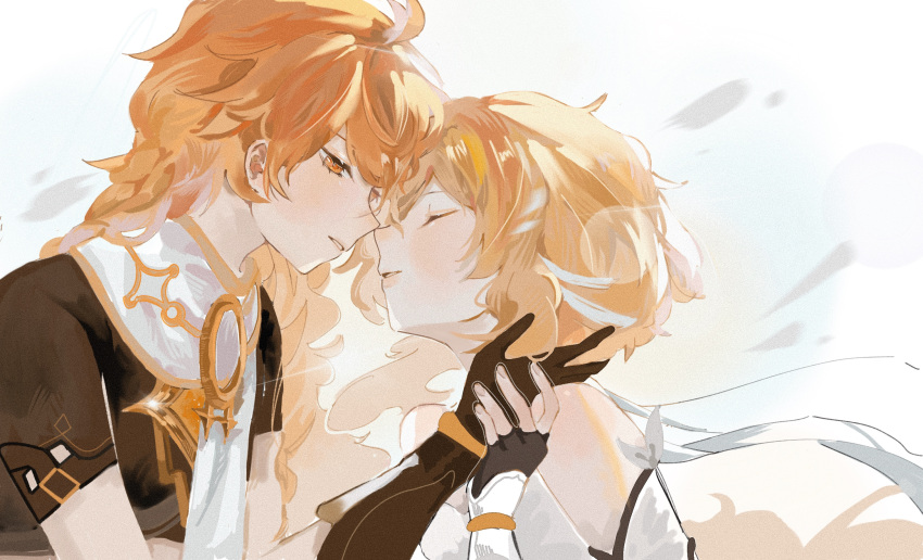 Safebooru - 1boy 1girl aether (genshin impact) ahoge black gloves blonde hair braid closed eyes ...