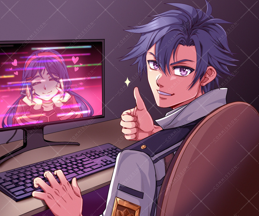 Safebooru - 1boy 1girl absurdres black hair blue hair choker coat commission computer keyboard ...