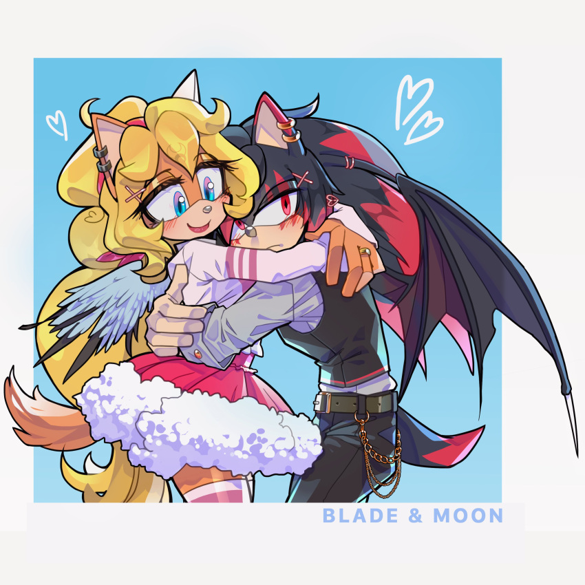 Safebooru - 1boy 1girl absurdres animal ear piercing bat wings belt black belt black pants black ...