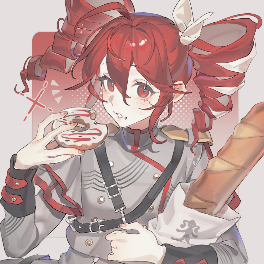 Safebooru - 1girl absurdres ahoge bag baguette bb panda bb black sleeve cuffs blush bow bread ...