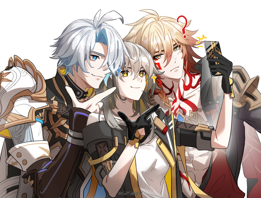 Safebooru - 1girl 2boys 625light ? abs absurdres antenna hair armor black coat black gloves ...