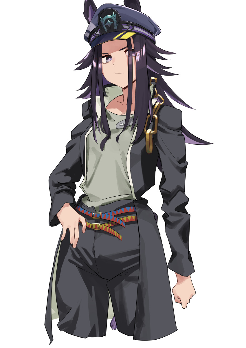 Safebooru - 1girl absurdres animal ears arm at side belt black coat black hair black pants ...