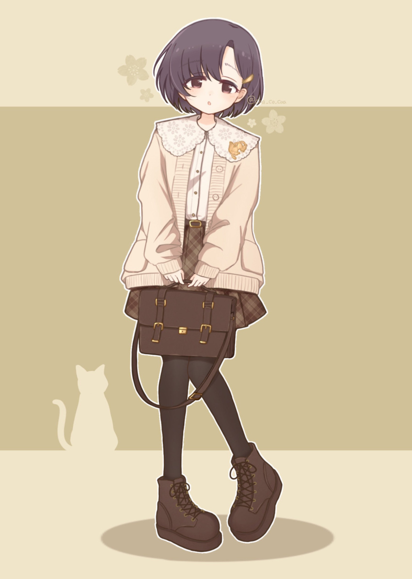 Safebooru - 1girl absurdres black hair black pantyhose blush boots briefcase brown eyes cardigan ...