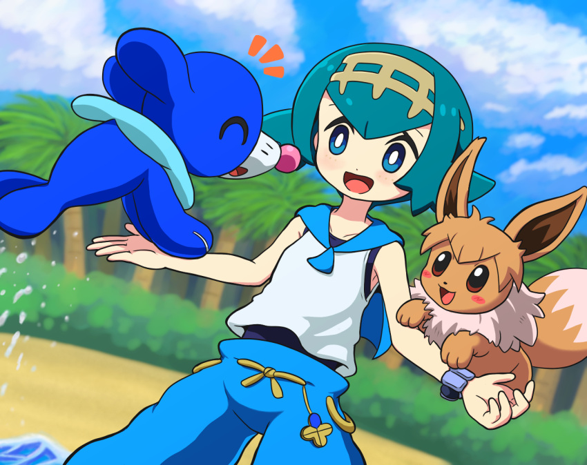 Safebooru - 1girl :d aqua hair blue eyes blue pants blurry blurry background bracelet bright ...