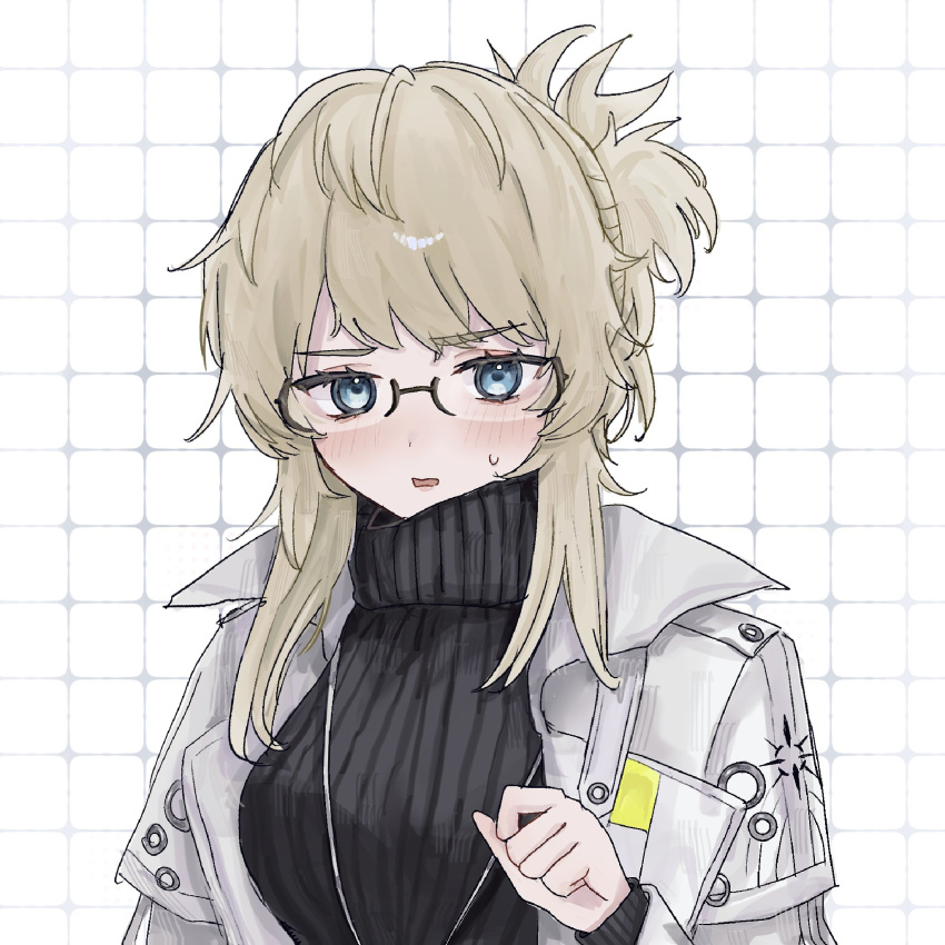 Safebooru - 1girl abe (nikke) black sweater blonde hair blue eyes coat glasses goddess of ...