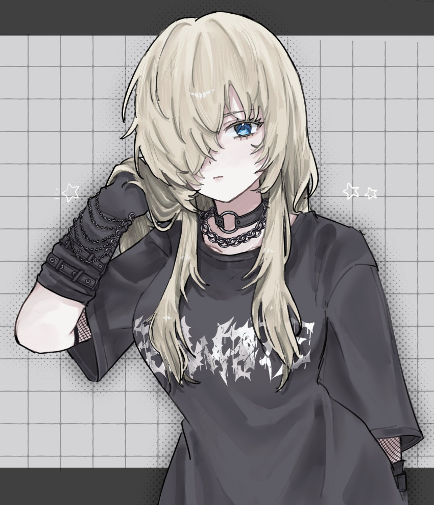 Safebooru - 1girl absurdres alternate costume black choker black shirt blue eyes chain choker ...