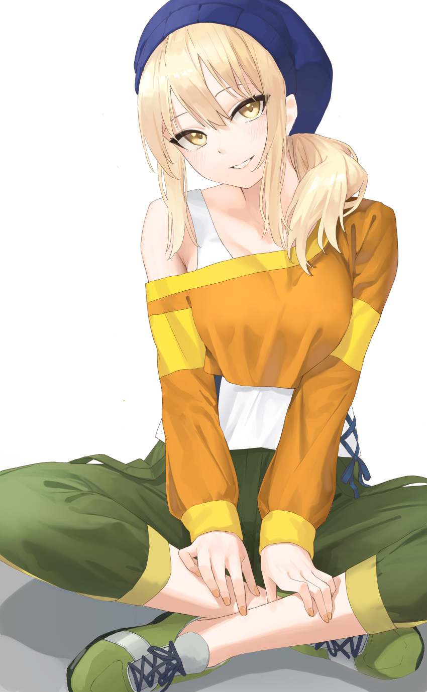 Safebooru - 1girl absurdres beanie blonde hair blue hat blush breasts commentary request green ...