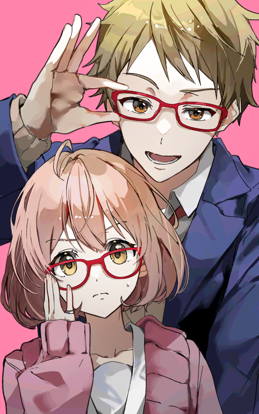 Safebooru - 1boy 1girl absurdres adjusting eyewear ahoge bespectacled blonde hair brown eyes ...