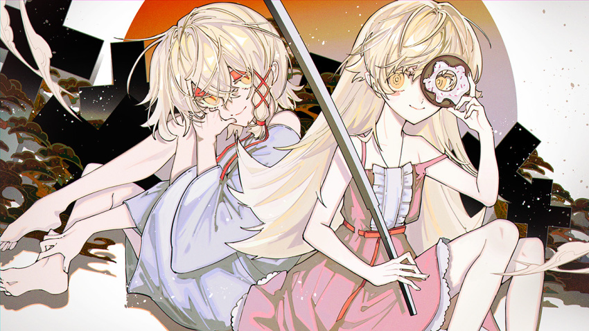 Safebooru - 2girls bare shoulders barefoot blonde hair blush deathtopia ...