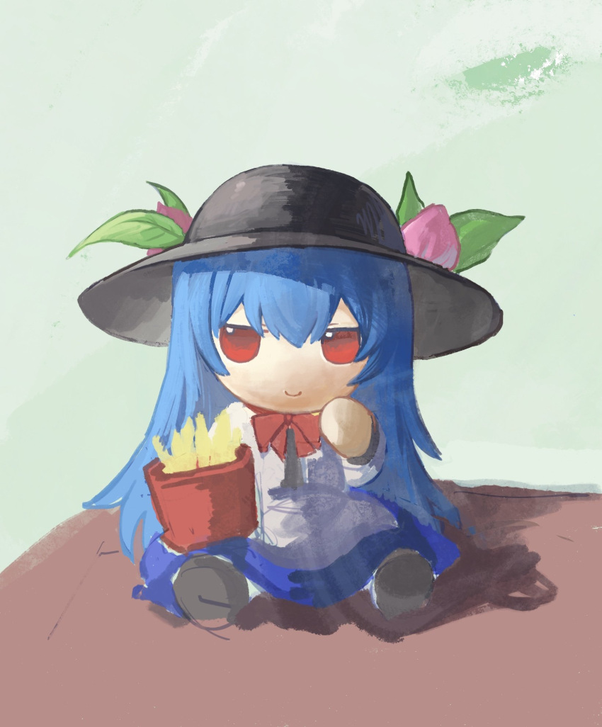 Safebooru - 1girl apron black hat blue hair blue skirt eating food ...