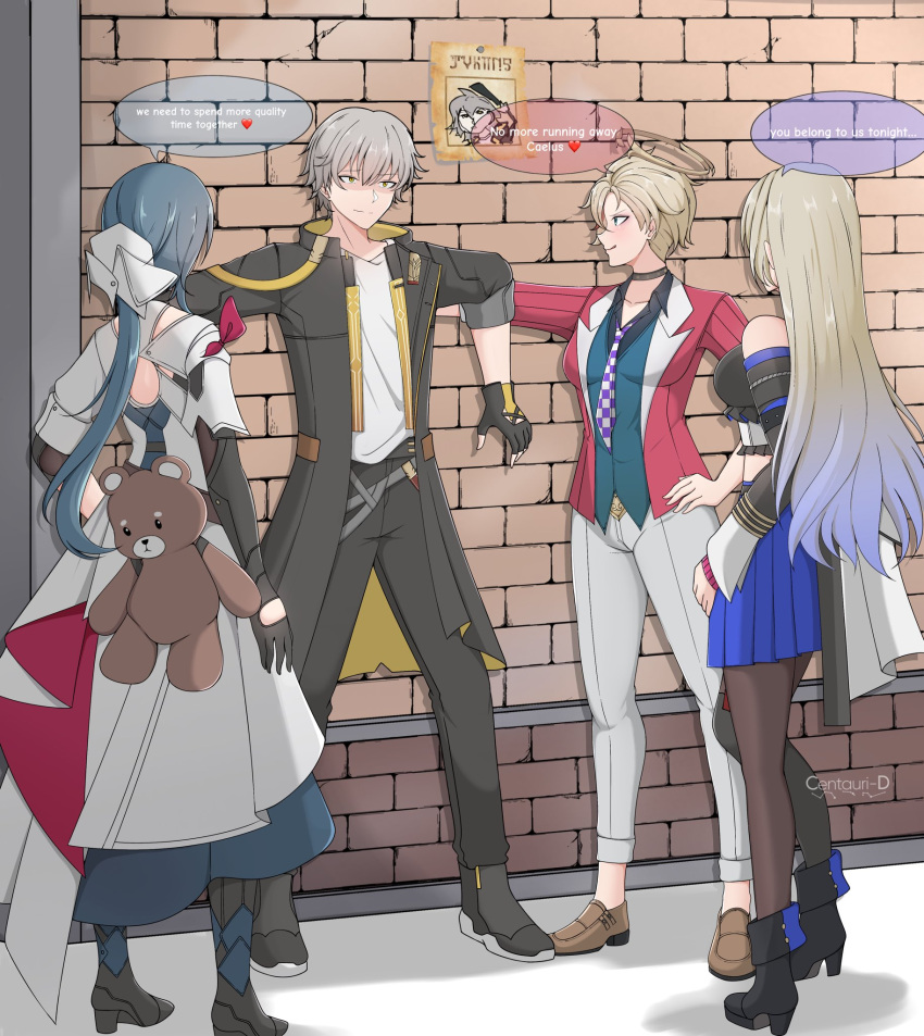 Safebooru - 1boy 3girls against wall artist name black boots black gloves black jacket black ...