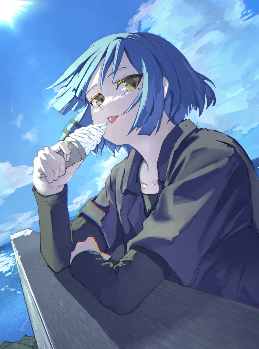 Safebooru - 1girl absurdres against railing asymmetrical bangs black shirt blue background blue ...