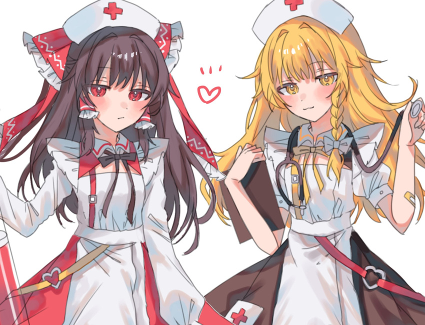 Safebooru - 2girls amatukimahoro apron blonde hair blush bow braid brown hair cross dress ...