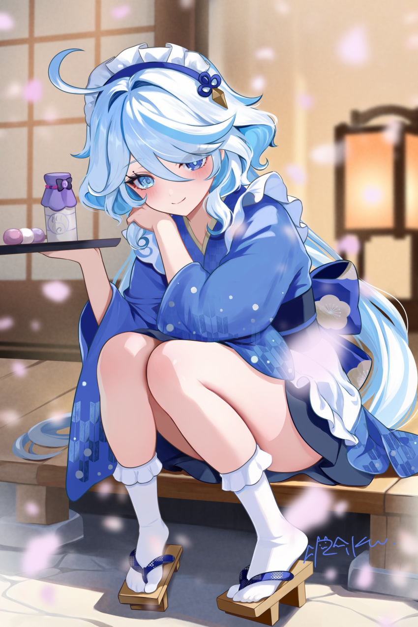 Safebooru - 1girl ahoge alternate costume black sash blue eyes blue hair blue kimono blue pupils ...