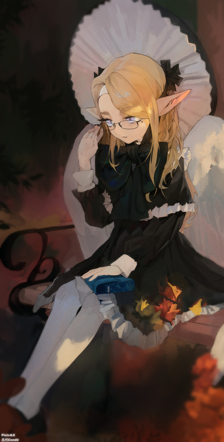 Safebooru - 1girl 240mmap absurdres bench black dress blonde hair blue eyes bow bowtie dress ...