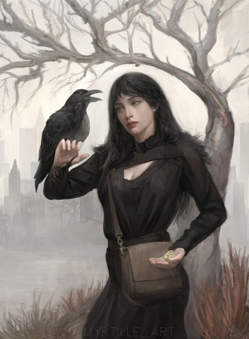 Safebooru - 1girl artist name bag bare tree bird black bird black dress black hair crow dress ...