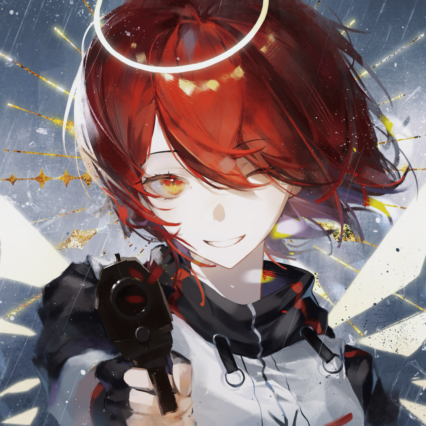 Safebooru - 1girl ;) absurdres aiming aiming at viewer angel arknights black gloves black shirt ...