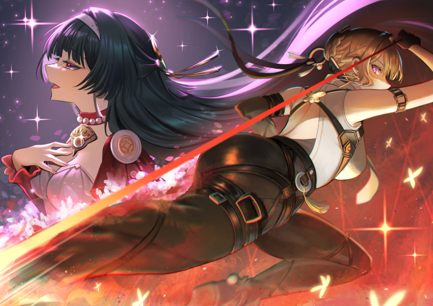 Safebooru - 2girls astra yao black hair black pants blonde hair breasts commentary english ...