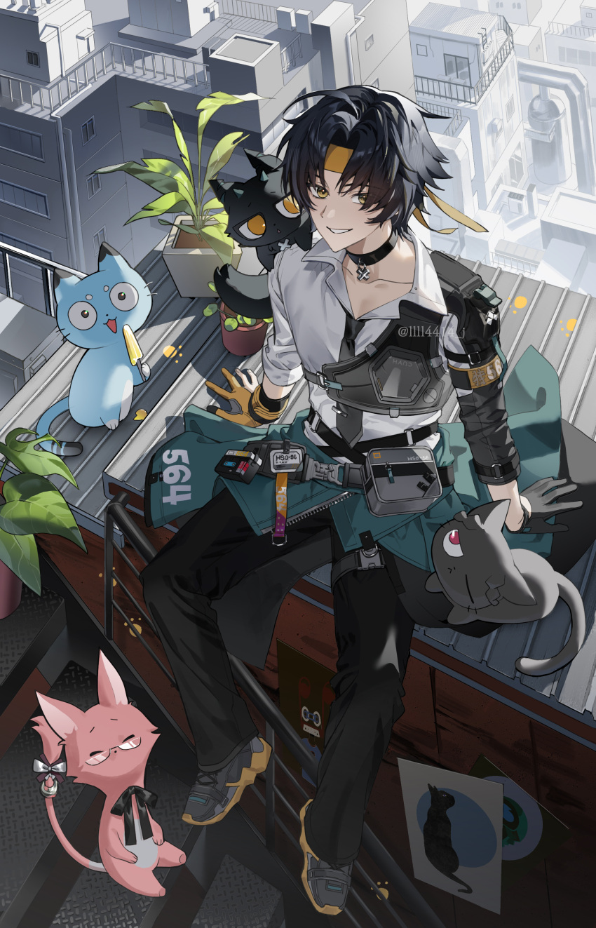 Safebooru - 1boy absurdres aqua jacket asaba harumasa asaba harumasa (cat) asymmetrical gloves ...