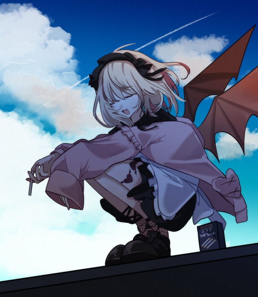 Safebooru - 1girl black dress blue sky candy cigarette candy closed eyes clouds contrail dress ...