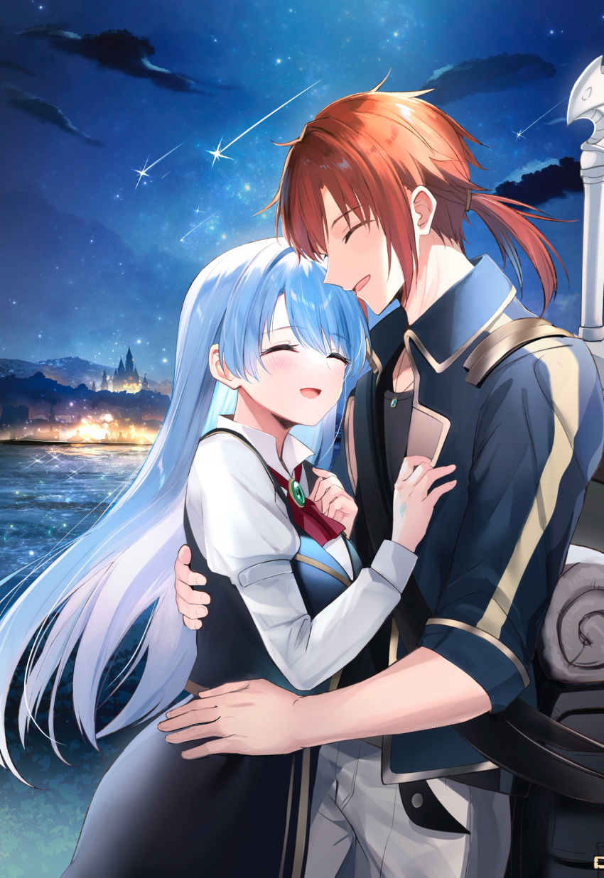 Safebooru - 1boy 1girl :d ^ ^ black jacket black shirt black skirt black vest blue hair brown ...