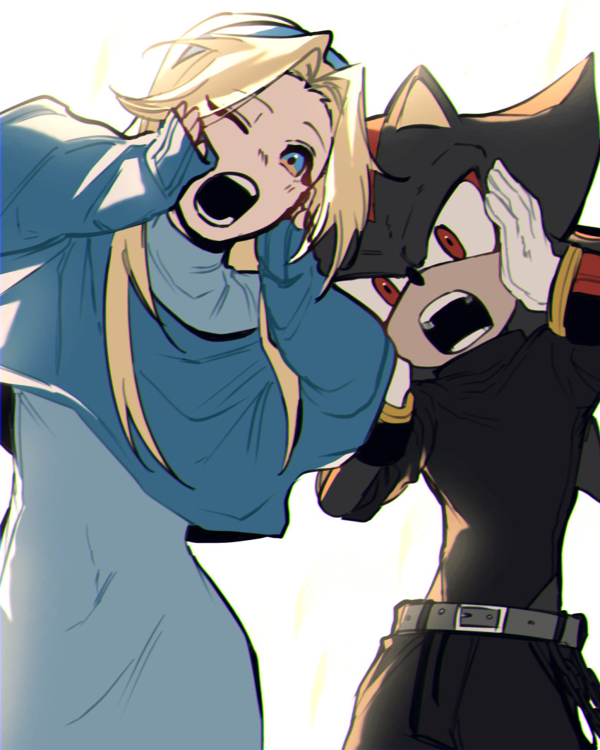 Safebooru - 1boy 1girl belt black fur black pants black shirt blonde hair blue dress blue eyes ...