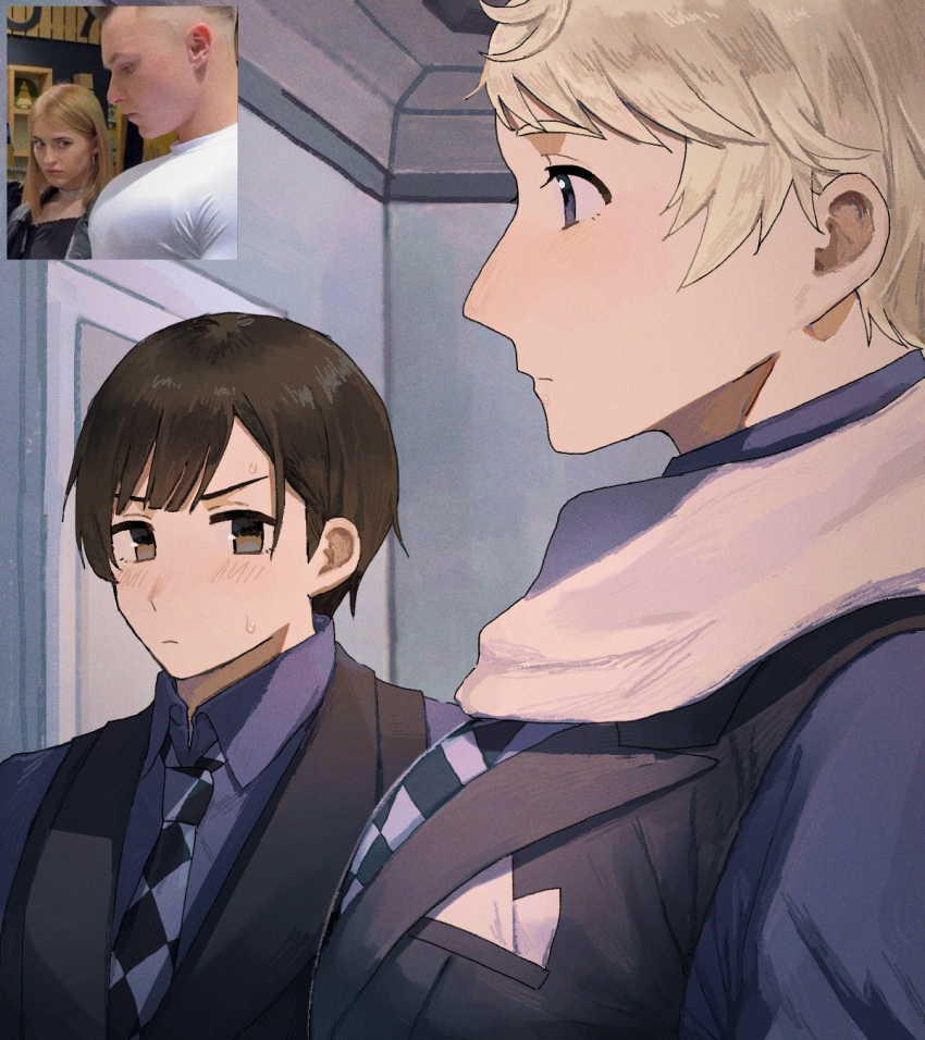 Safebooru - 2boys axis powers hetalia black hair black vest blonde hair blue necktie blue shirt ...