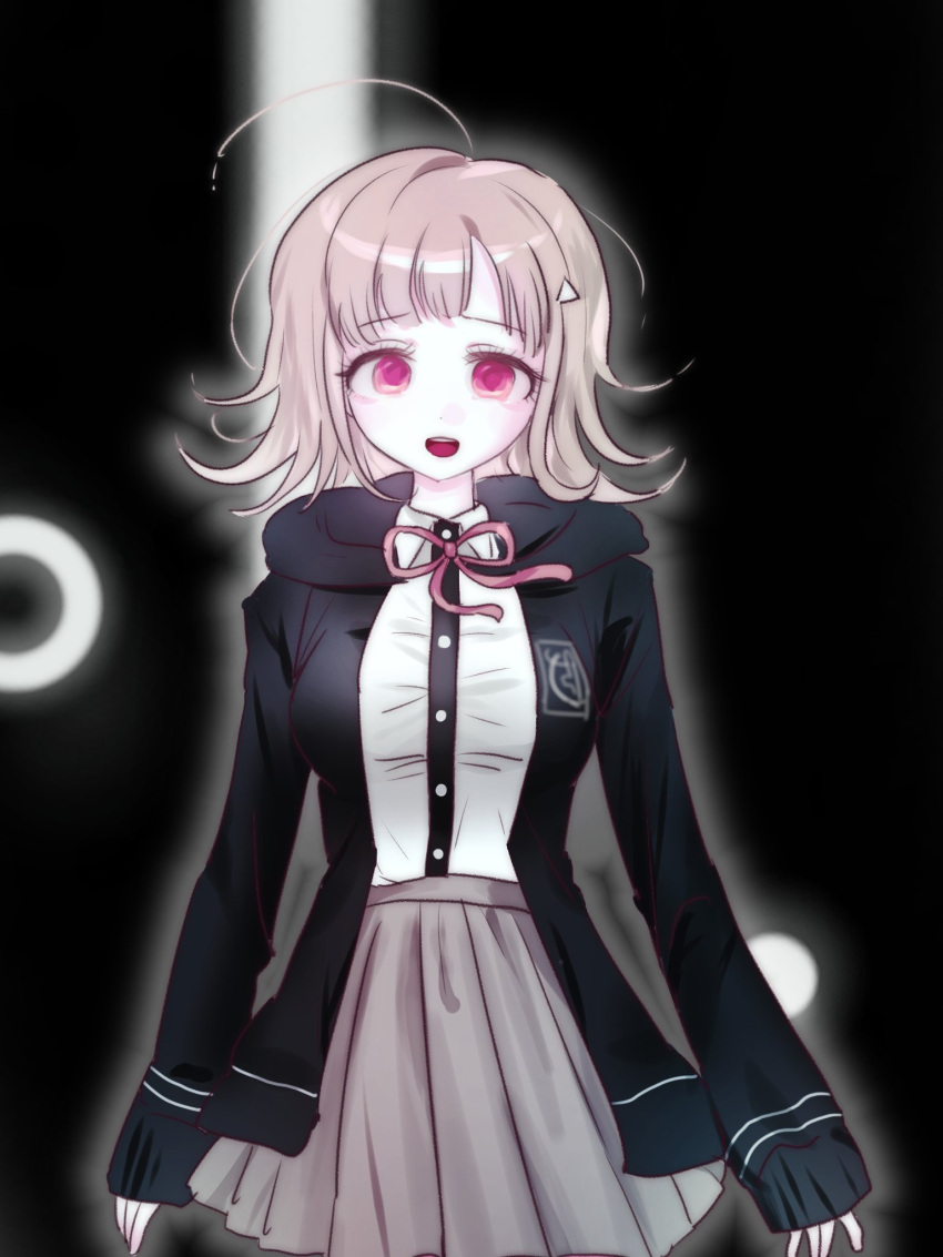 Safebooru - 1girl :d ahoge black background black jacket black shirt ...